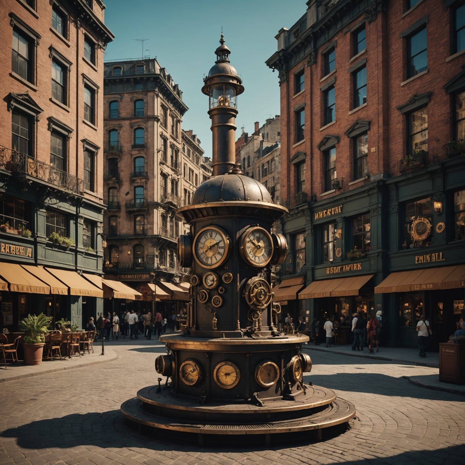 Vibrant Plaza Oasis in Steampunk Pop Art - AI Art