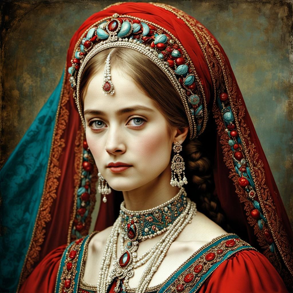 Beautiful russian princess in kokoshnik,red gown,long veil,long red ...