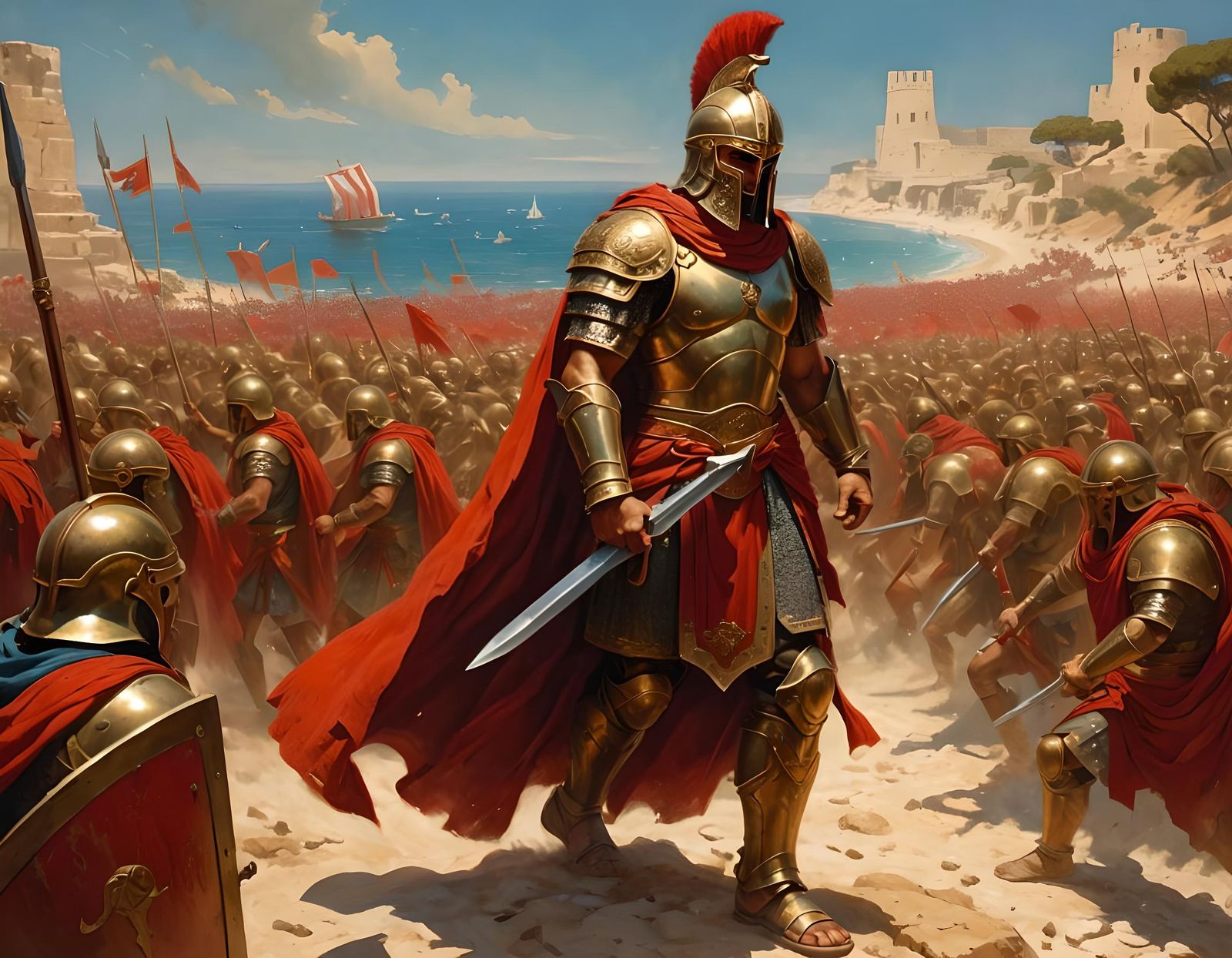 Spartan commander clad in bronze armor stands at the forefront of the ...