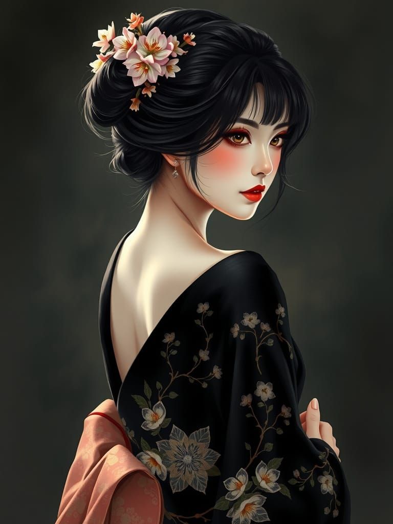 Ethereal Sakura Geisha in Black Kimono with Golden... - AI Art