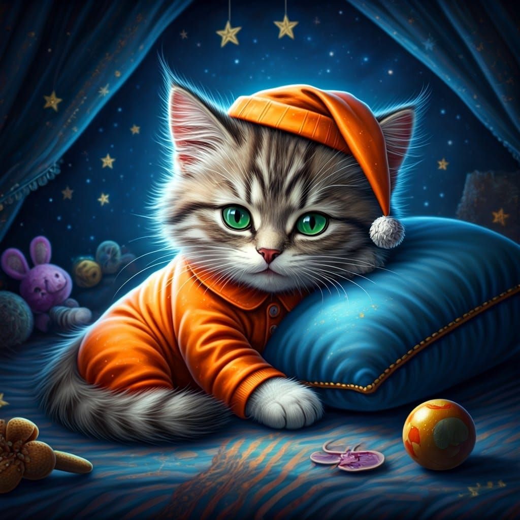Cute Kitten with Green Eyes Dressed in an Orange Pajama and a Santa ...