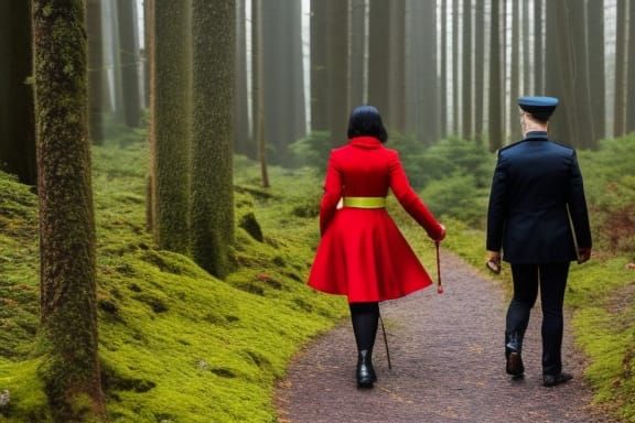 Two elfin people walk dressed in red and black away along a forest path ...