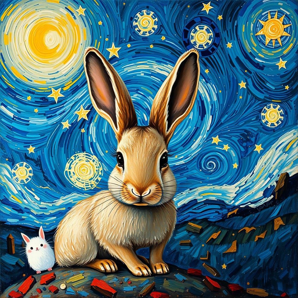 Whimsical Van Gogh-Inspired Oil Painting of Rabbit... - AI Art