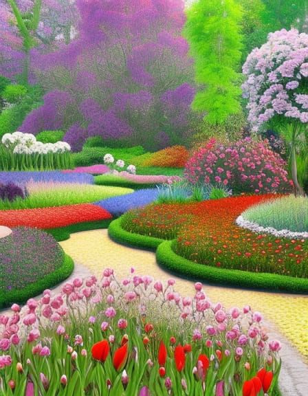 Spring garden in full bloom in stargazing platform in flowers mycelium ...