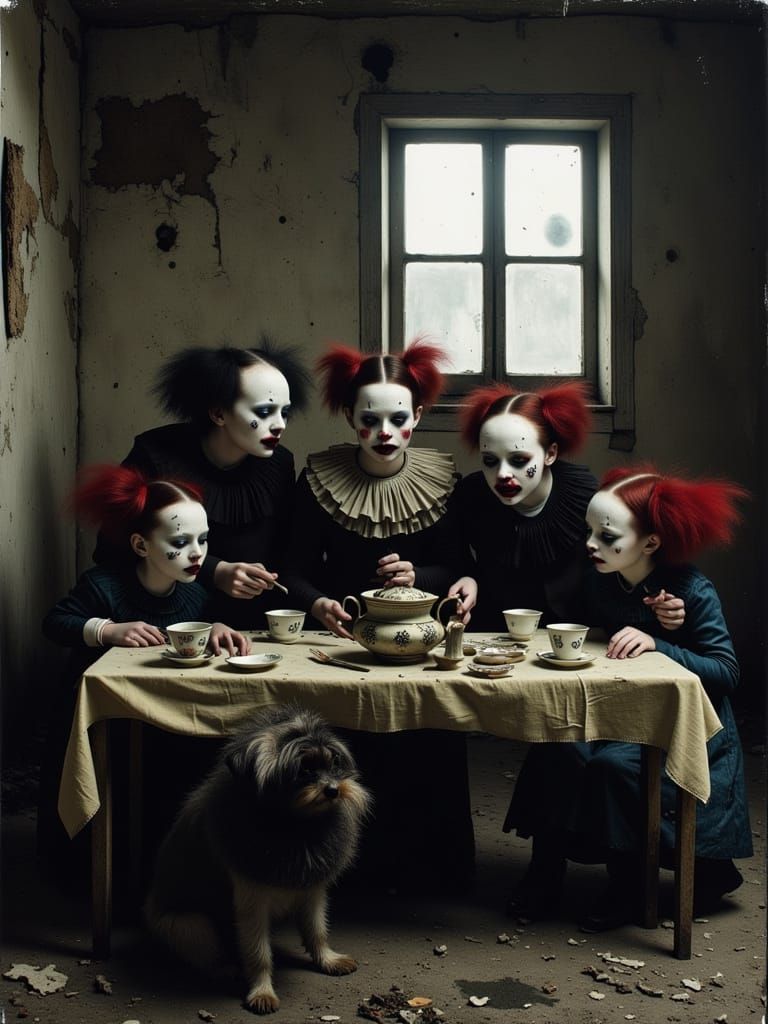 A family of Elizabethan clowns hold a clown tea party ...