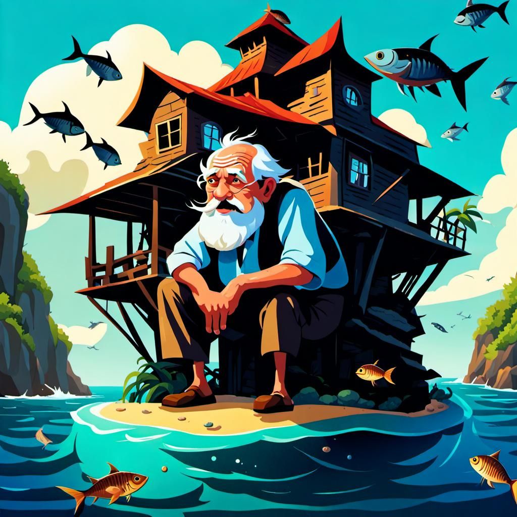 Surreal Old Man House on Island with Fish - AI Art