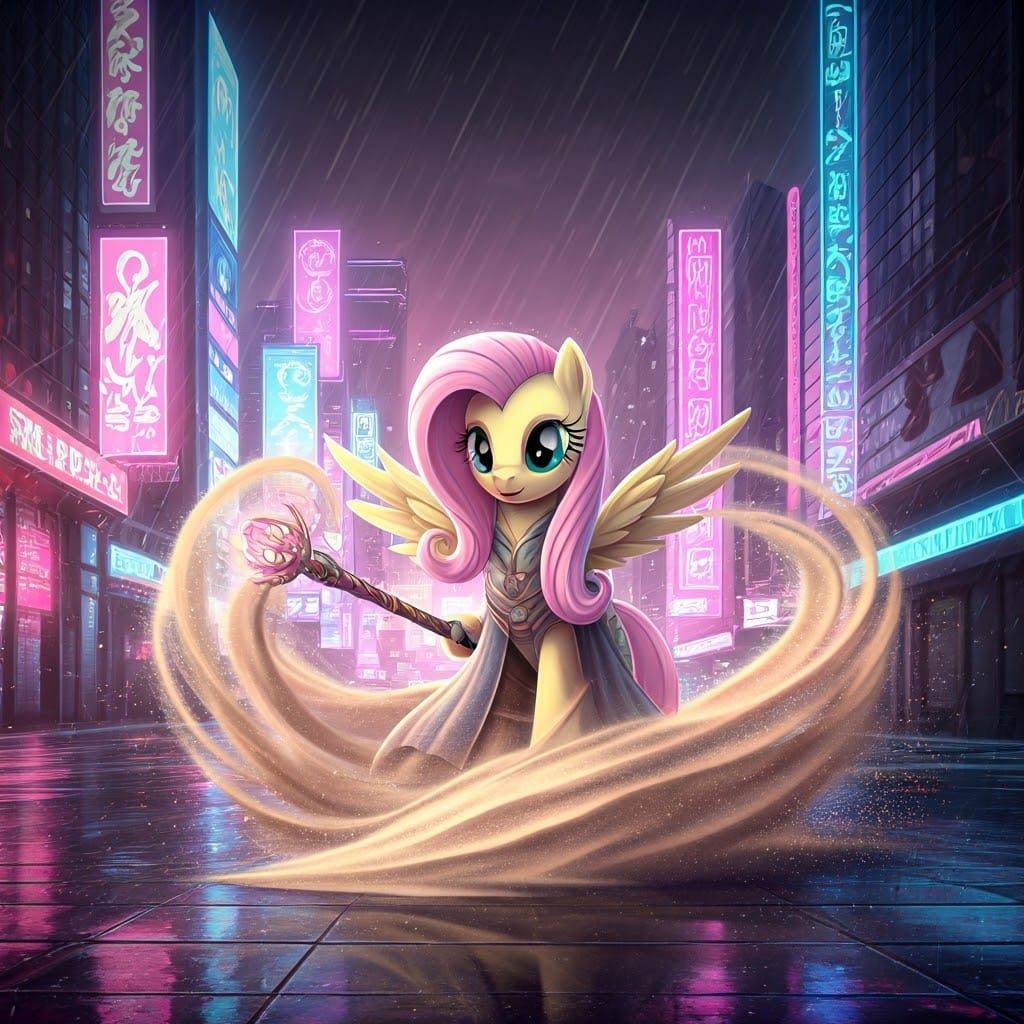 Cyberpunk Sand Mage in Pastel Hues, Fluttershy Pon... - AI Art