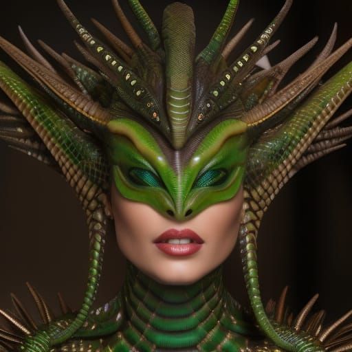 alien warlord humanoid lizard queen with green scaled skin wearing ...