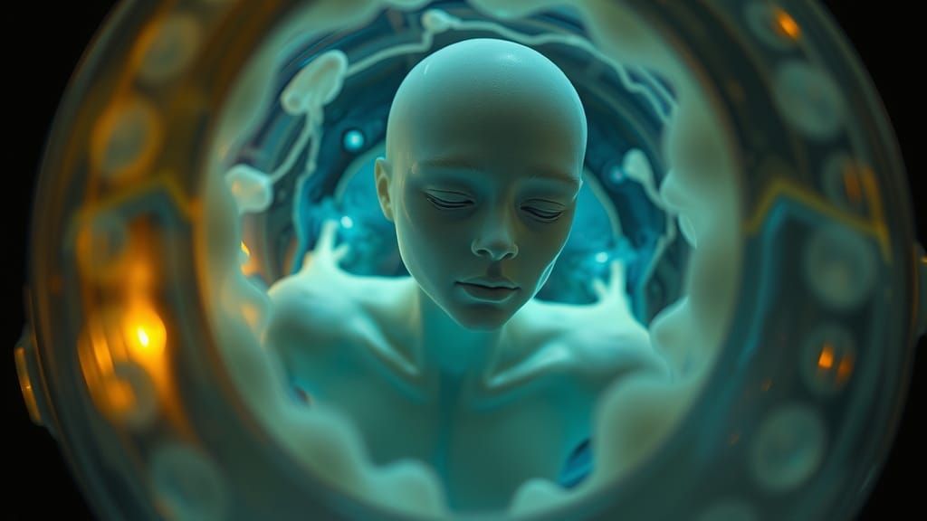 Humanoid in Bioluminescent Cocoon, Glowing Fluid S... - AI Art