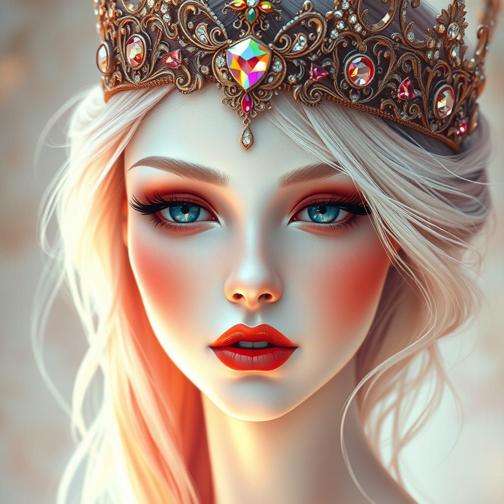 Ethereal woman with delicate, doll-like features and an iridescent glow ...