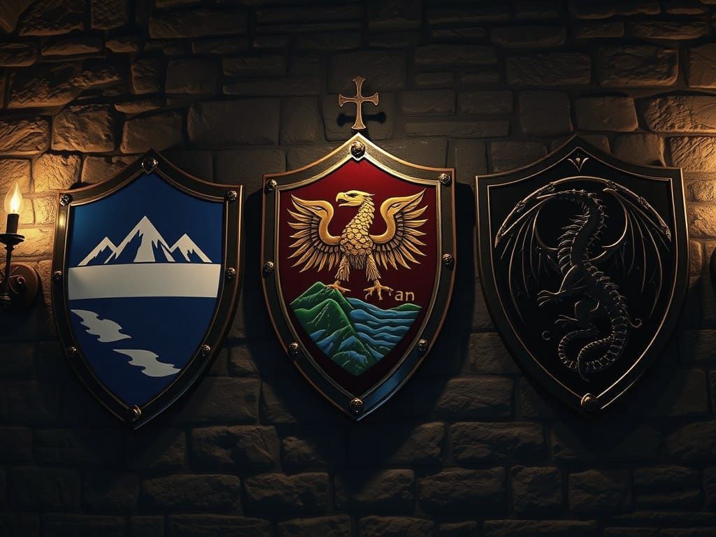 Photograph of three shields showing multiple elements of national pride ...