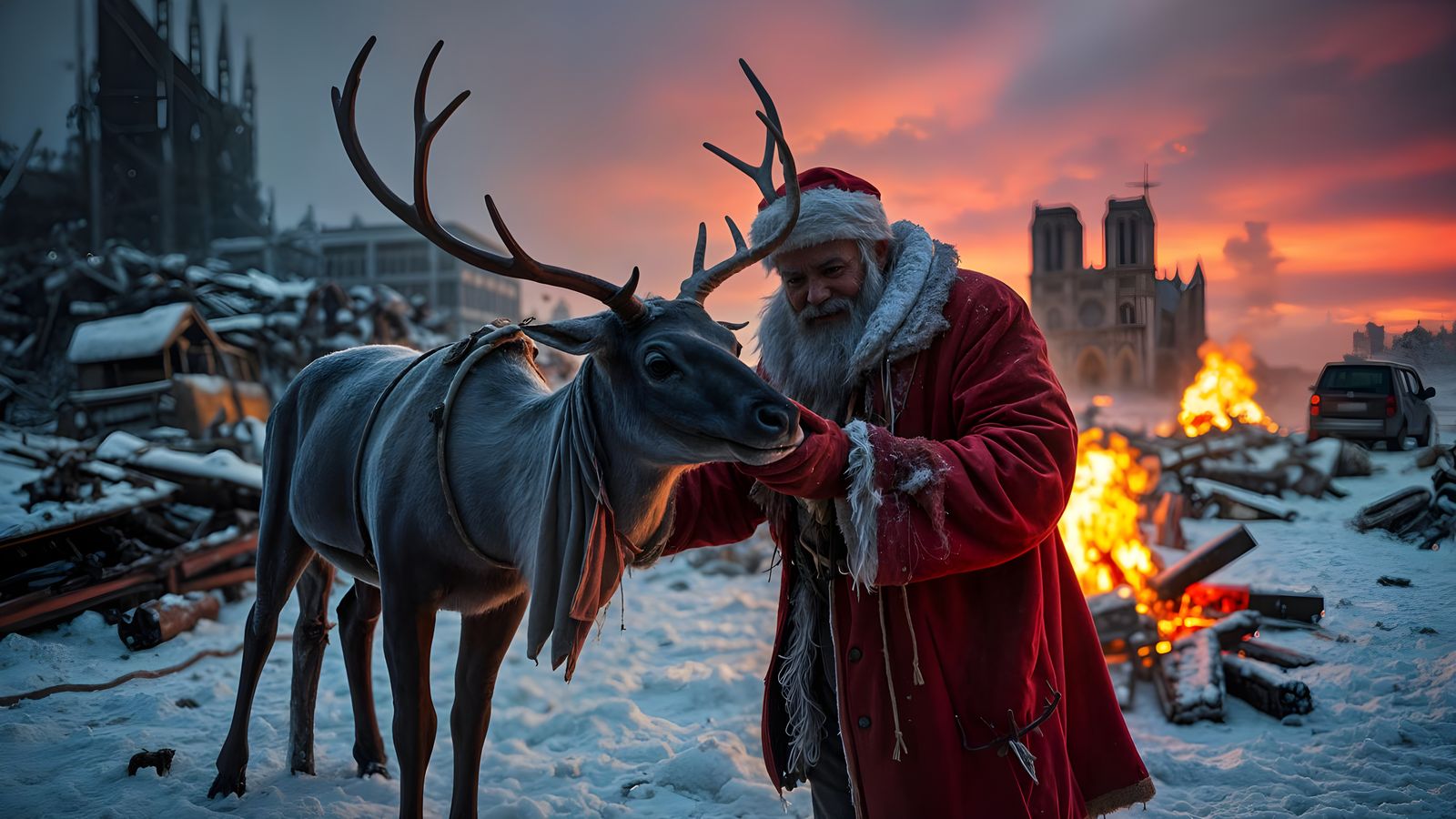 Starving Santa Claus in crimson red dirty torn jacket embraces ...