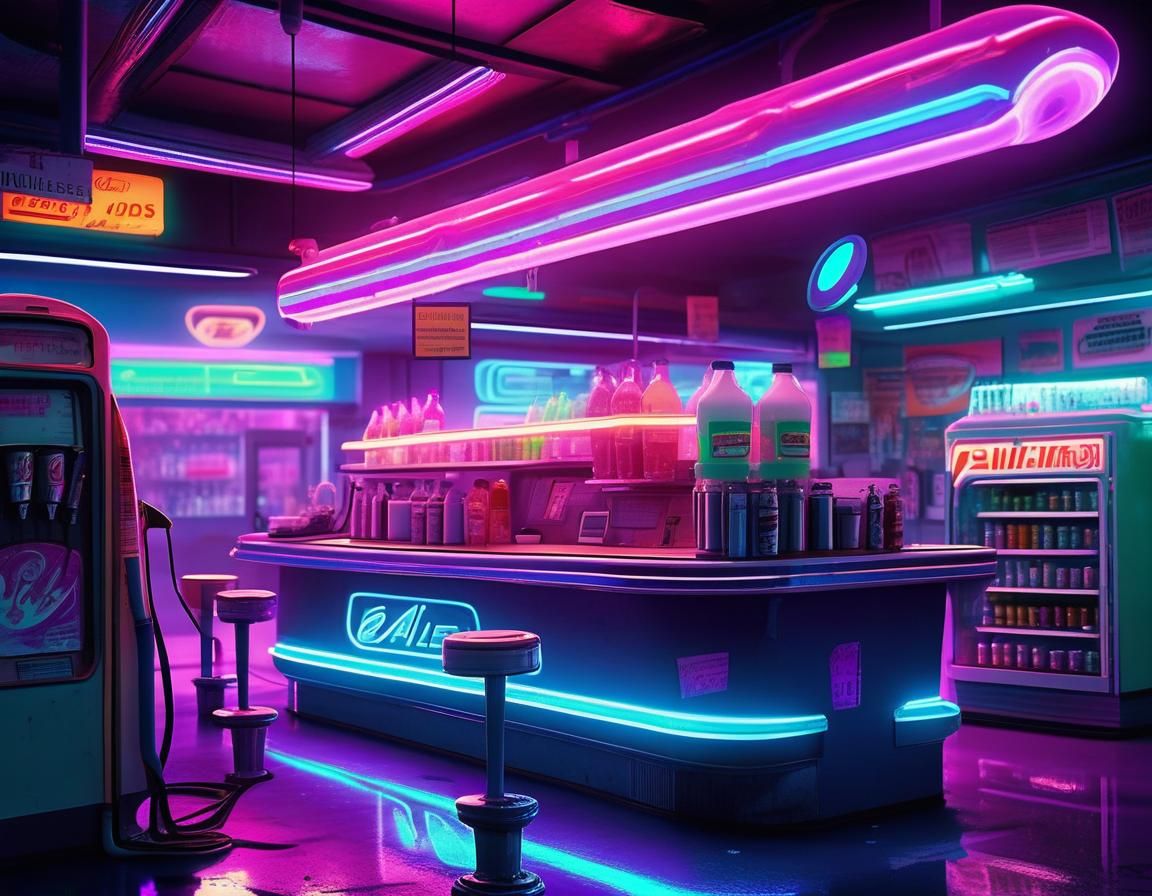 An Alien gas station with neon alien symbols, with A futuristic soda ...