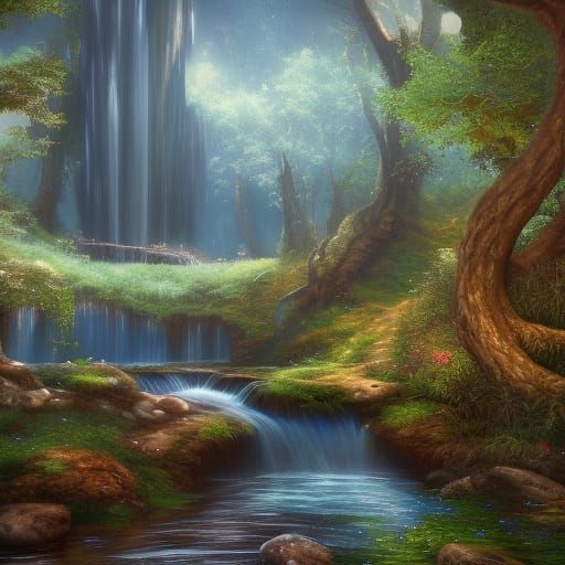 A stream with glittering water flowing gently. - AI Generated Artwork ...