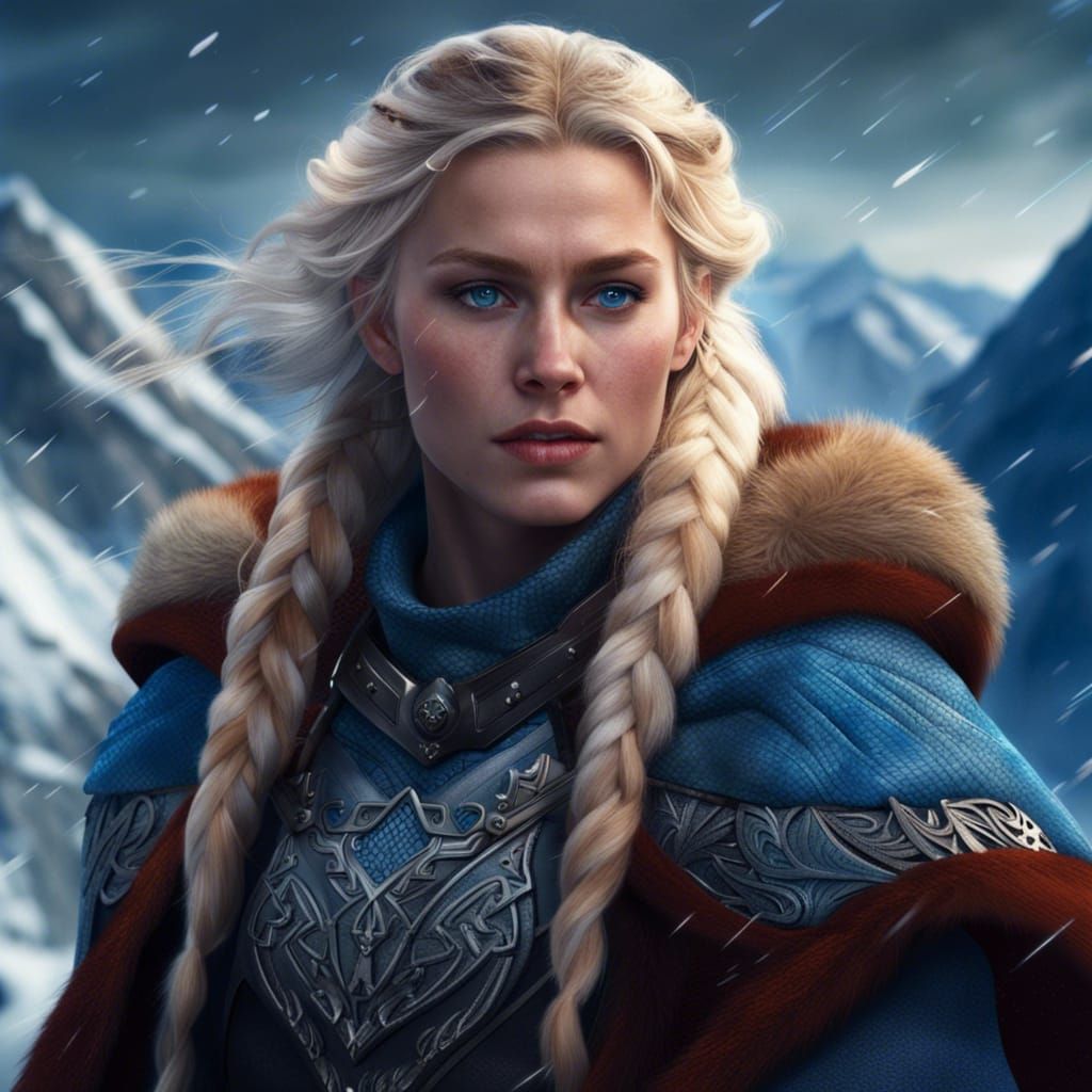attractive nordic woman, blonde hair, braided, blue eyes, mountains behind her, snowing, fur ...
