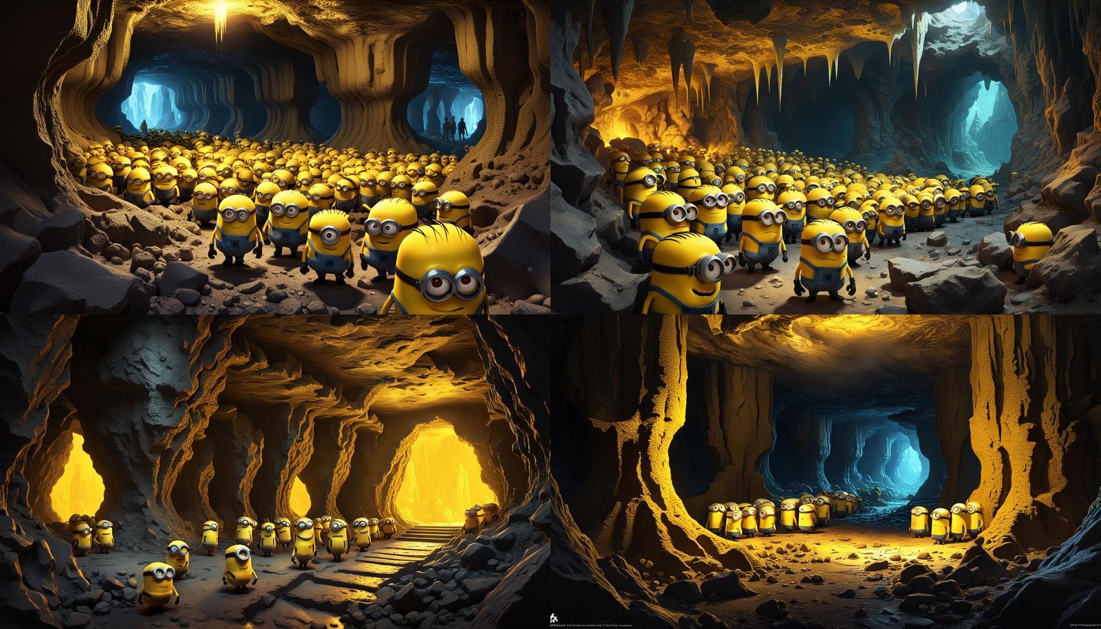 !!!2point perspective))), The (yellow) minions in an underground cavern ...