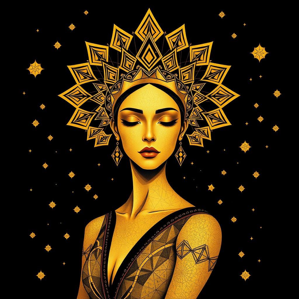 Regal Goddess in Luxurious Gold and Black Tessella... - AI Art