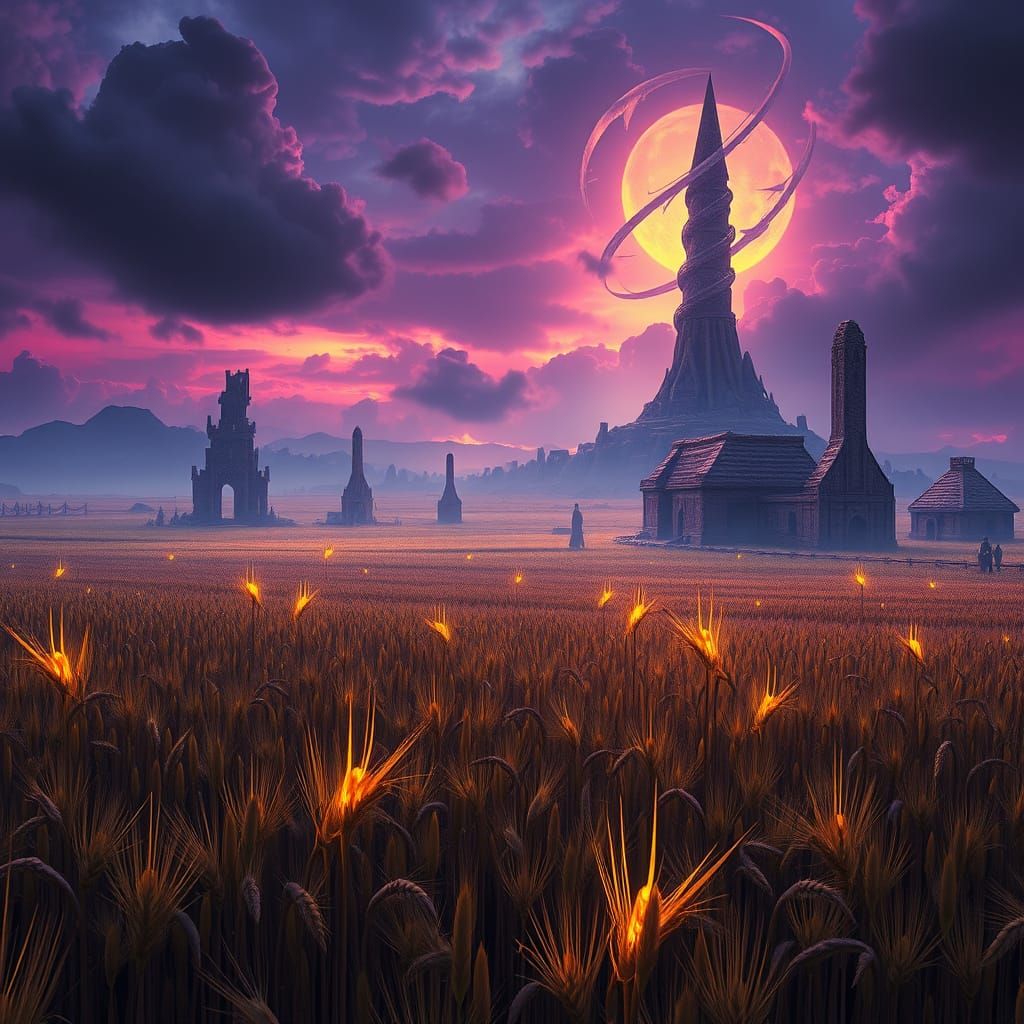 Ethereal Ruins Amidst a Haunting Wheat Field in Da... - AI Art