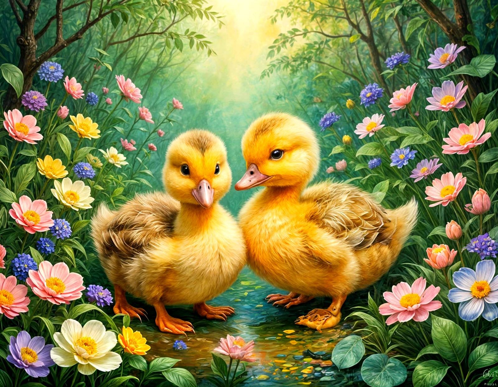 Whimsical Cartoon Ducks in Vibrant Floral Paradise - AI Art