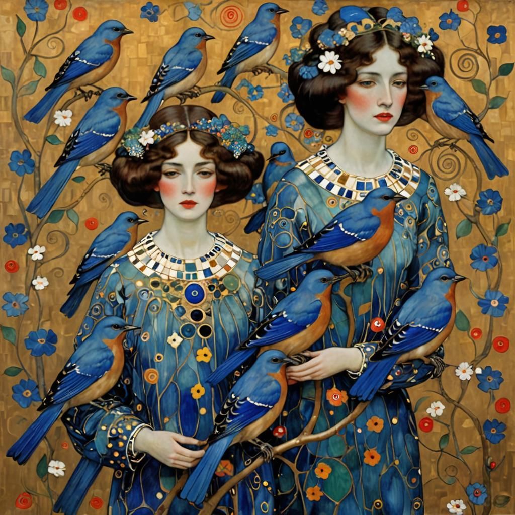 Sisters Blue Birds. Gustav Klimt - AI Generated Artwork - NightCafe Creator