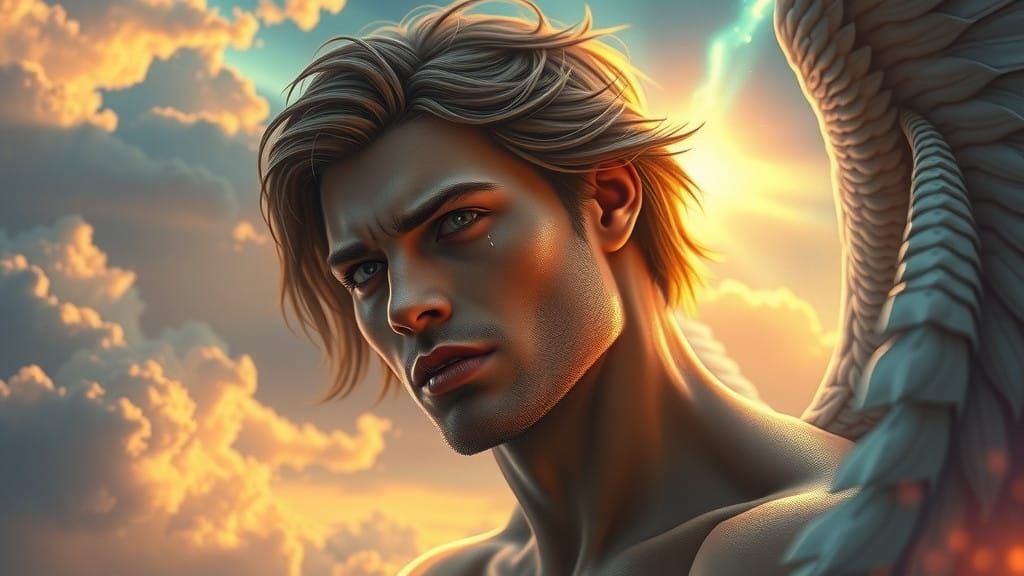 Hyperrealistic Angel in Anguish, Shimmering Aurora... - AI Art