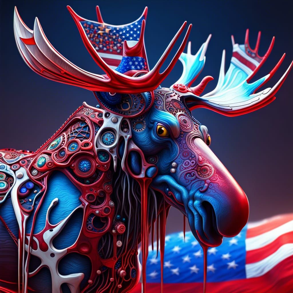 Moose, psychedelic, cyborg steampunk, USA flag, red white blue flag ...