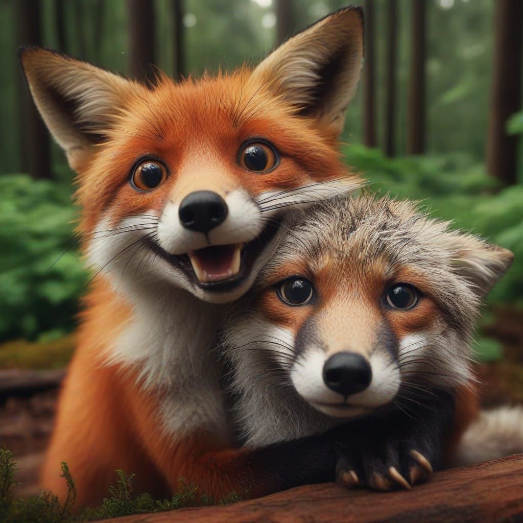 Foxes Embrace in Forest: A Duo Portrait - AI Art