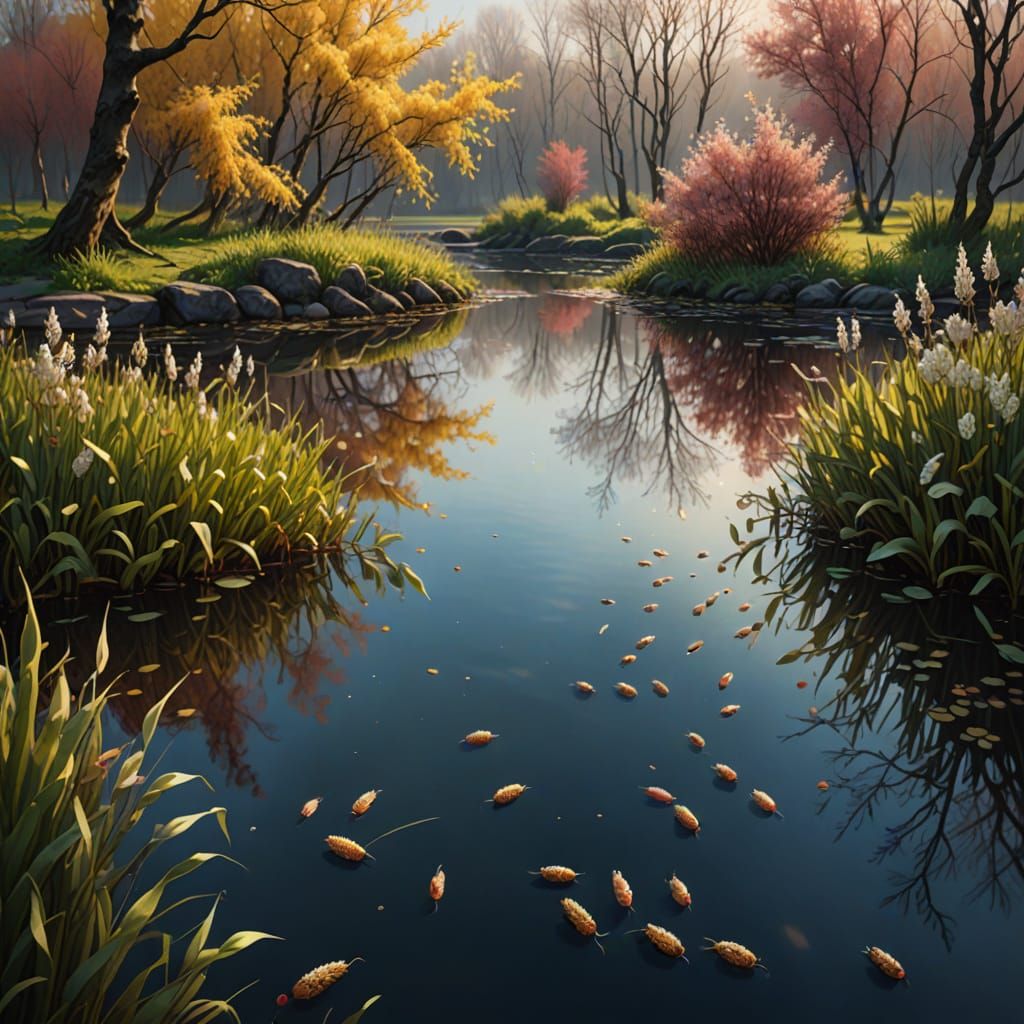 beautifully serene pond surrounded by catkins