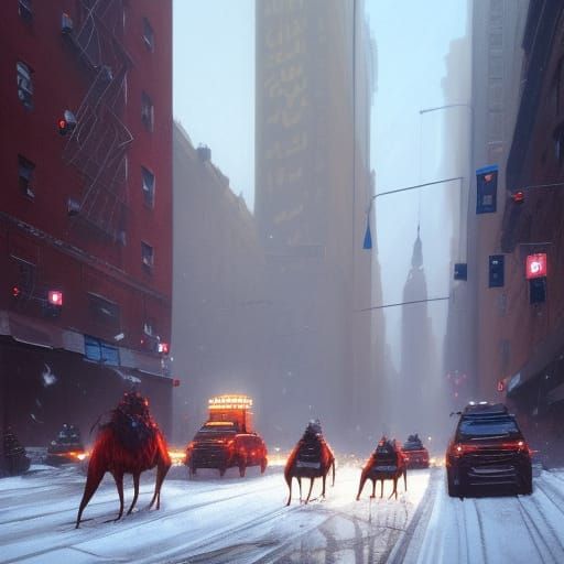 Dali, Camel walking in downtown New York, cold icy streets, melting ...