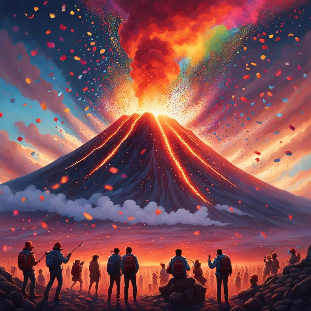 A volcano spewing confetti. - AI Generated Artwork - NightCafe Creator