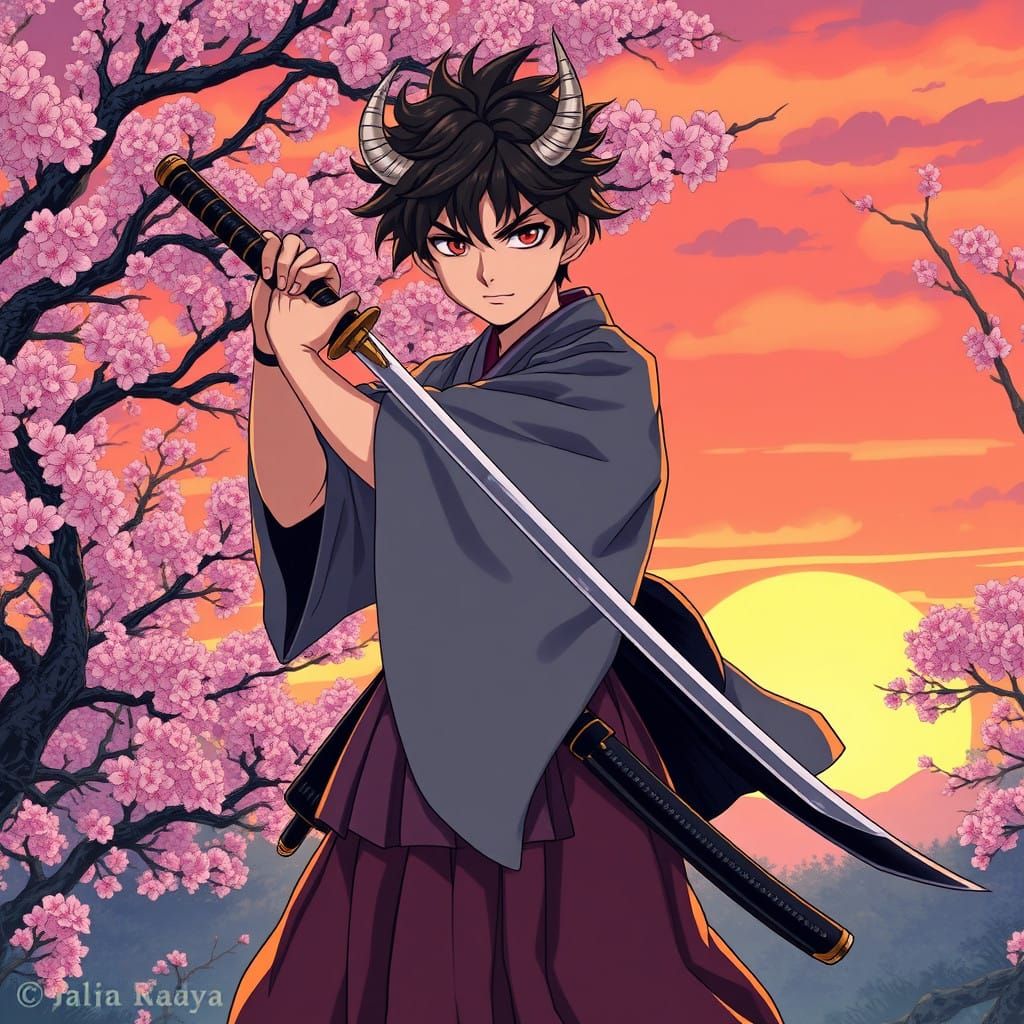 demon slayer - Heroic Demon Slayer in Cherry Blossom Sunset