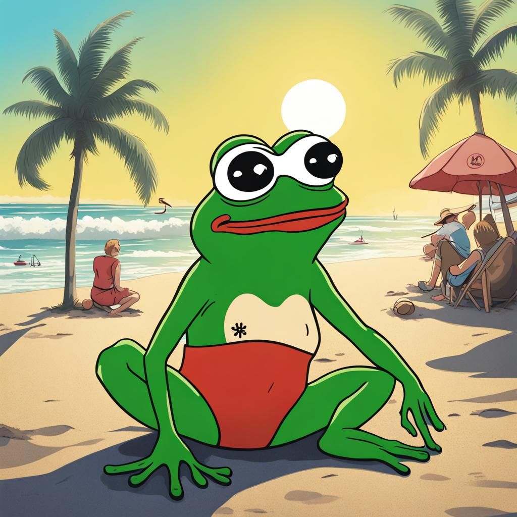 Pepe frog getting sunshine on beach at gold coast Surfers Paradise sun ...