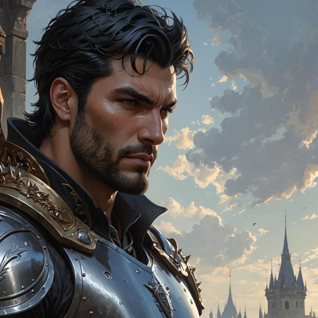 High Fantasy epic charming male knight blacksmith, muscular, spiky ...