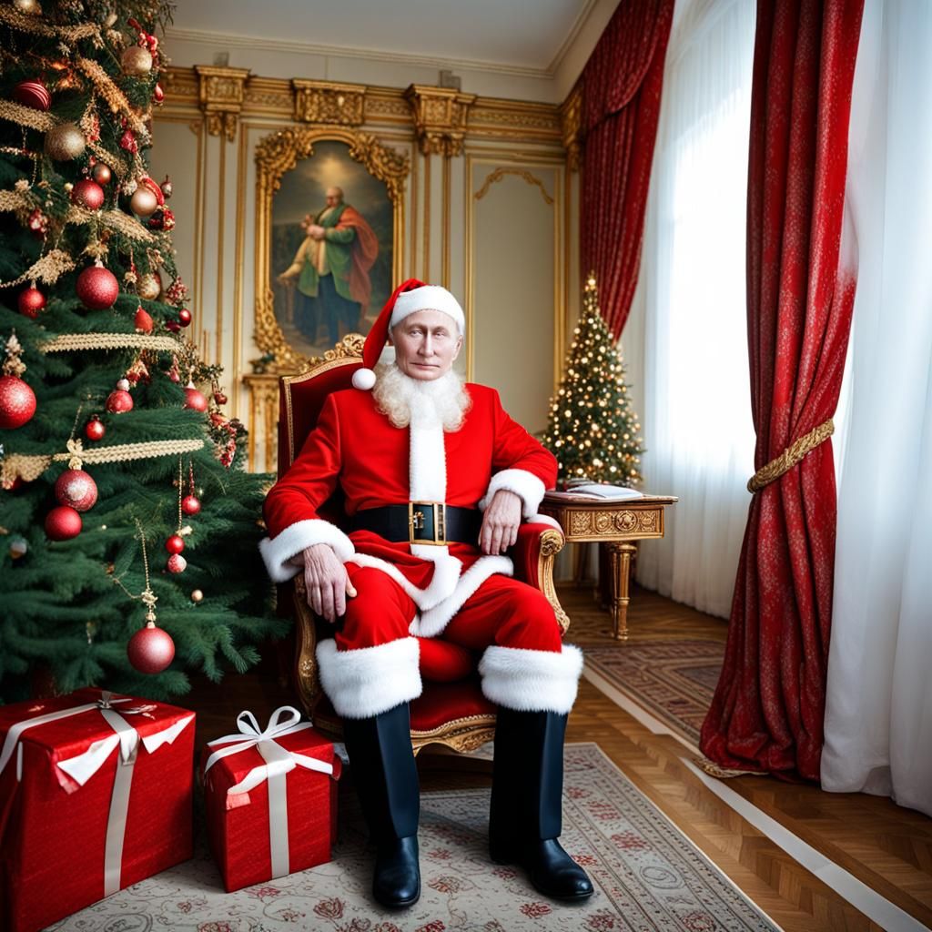 Putin dressed as Santa Claus , christmas morning under the tree ...
