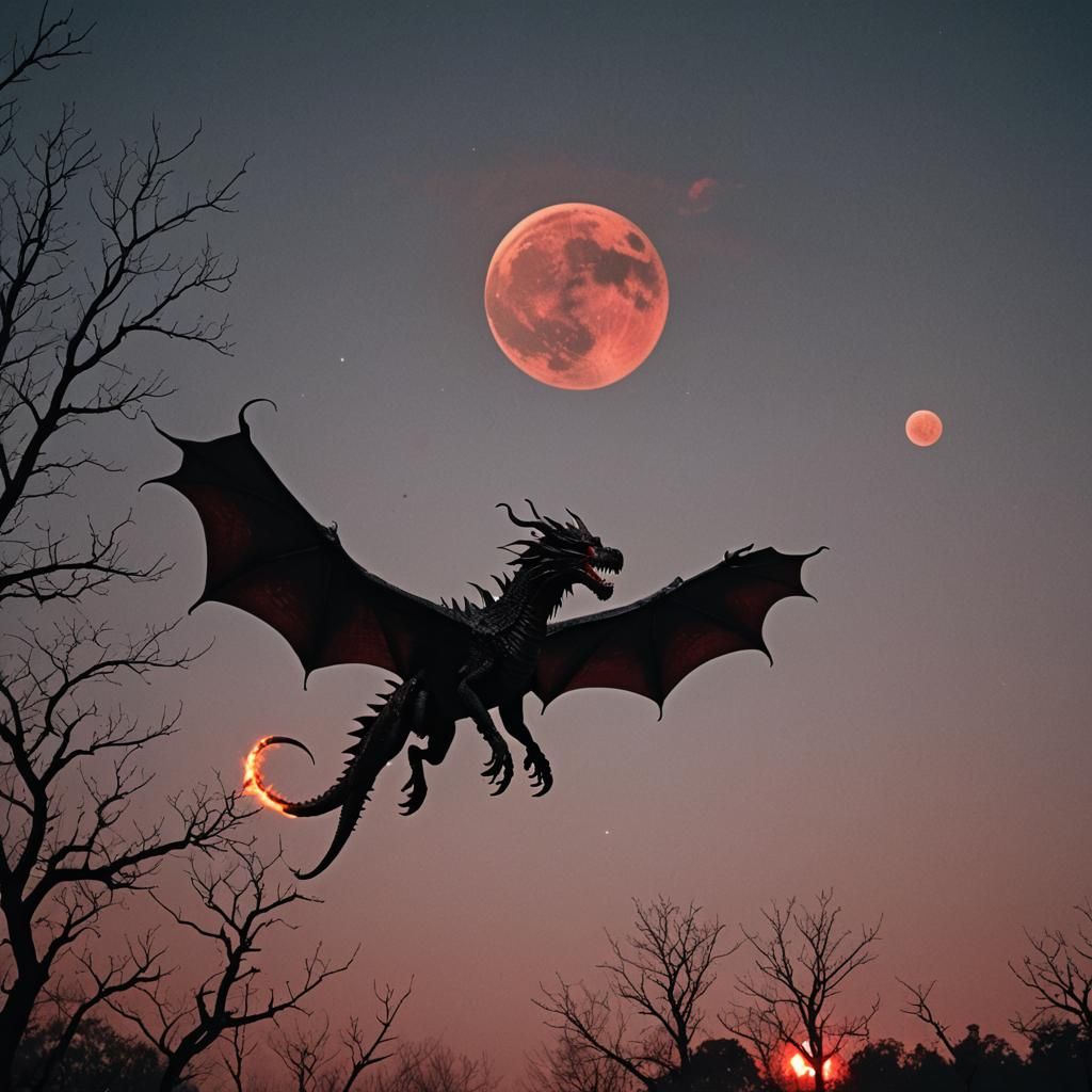 Black dragon flying in front of a blood moon Cinematic film still, shot ...