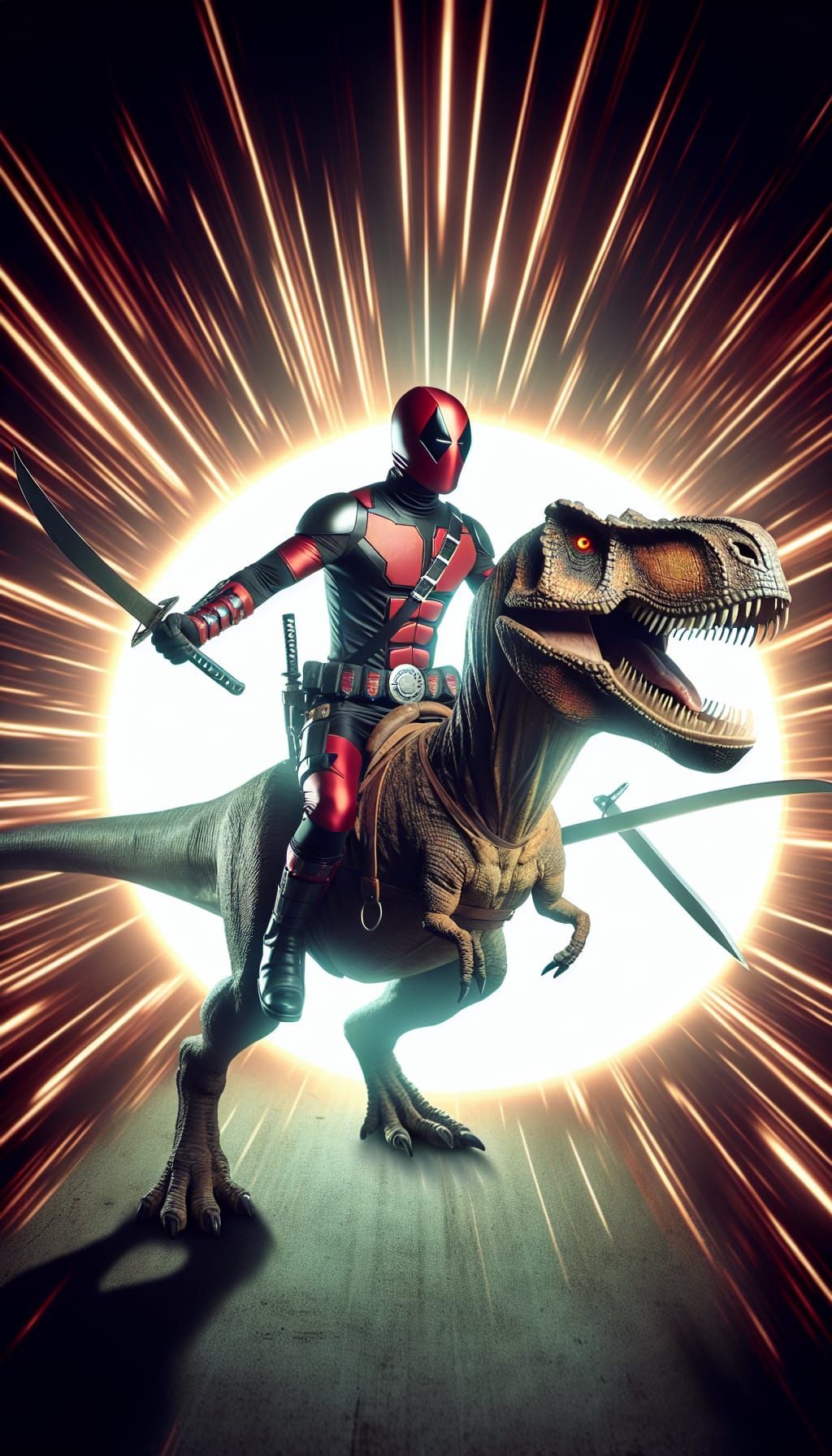 Deadpool rides a t-rex as a time traveler - AI Generated Artwork ...