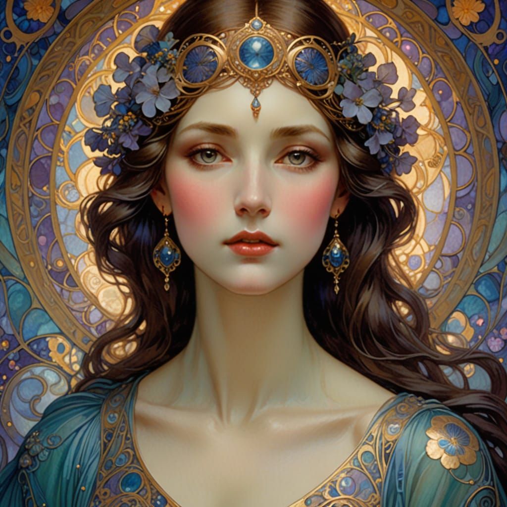 Dreamy, Symbolist portrait of an enchanting woman with soft, undulating ...