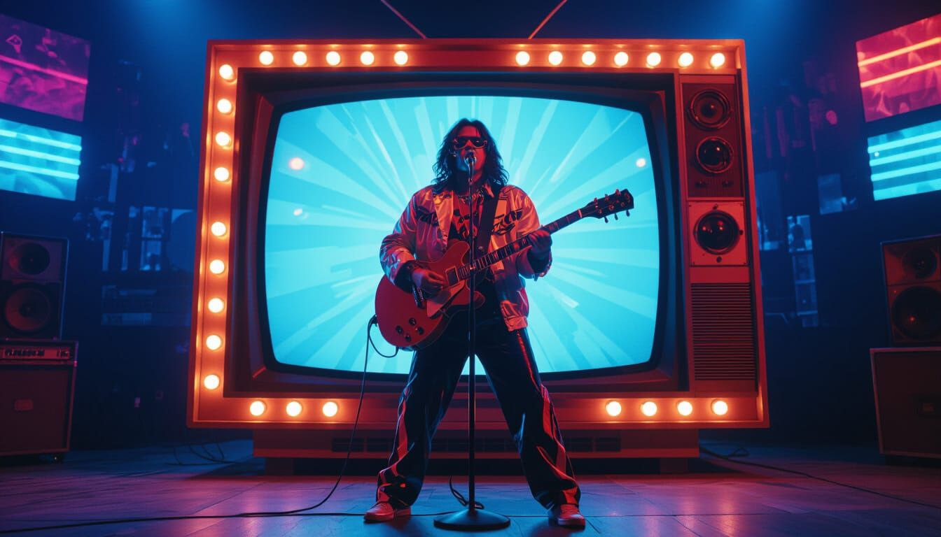 Nostalgic 90's Musician on TV Stage, Cinematic Sty... - AI Art