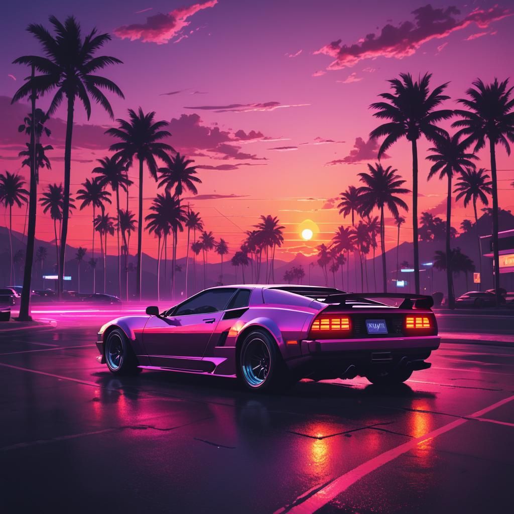Synthwave sports car and sunset - AI Generated Artwork - NightCafe Creator
