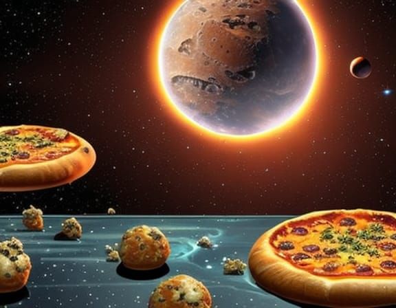 Hyperreal, lovely space backdrop, Dyson sphere of pizzas baking in ...