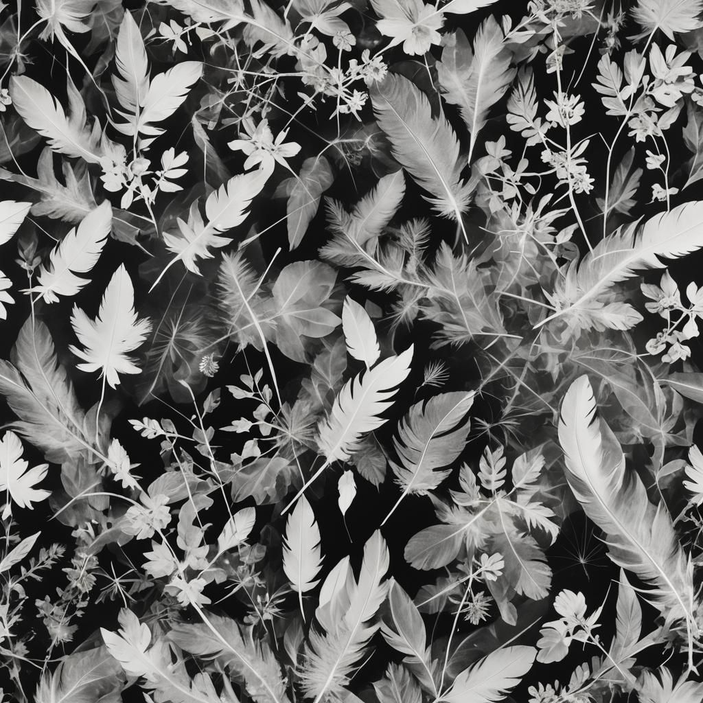 black and white photogram , rayograph, Feathers,leaves, flowers ...