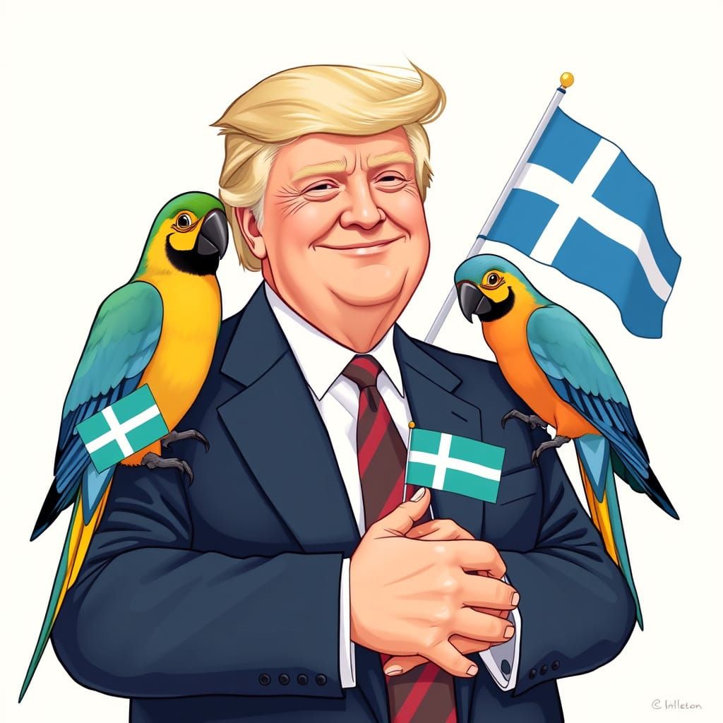 US President Donald Trump Cradles Symbolic Parrots... - AI Art