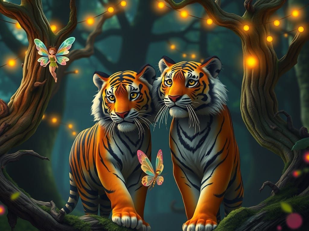 2 tigers together in the magical forest with fairies