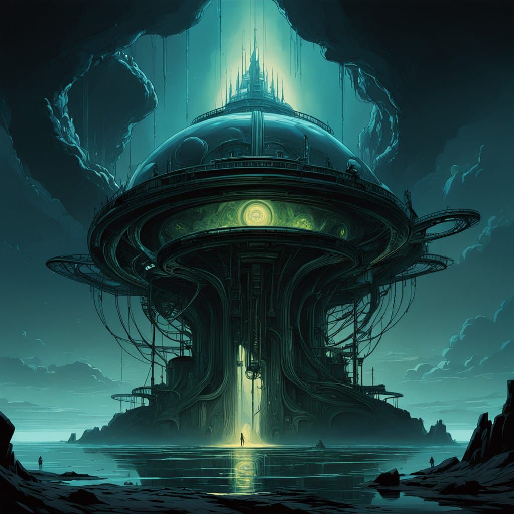 Ethereal Glass Ampulla in Dark Fantasy Sea with Bi... - AI Art