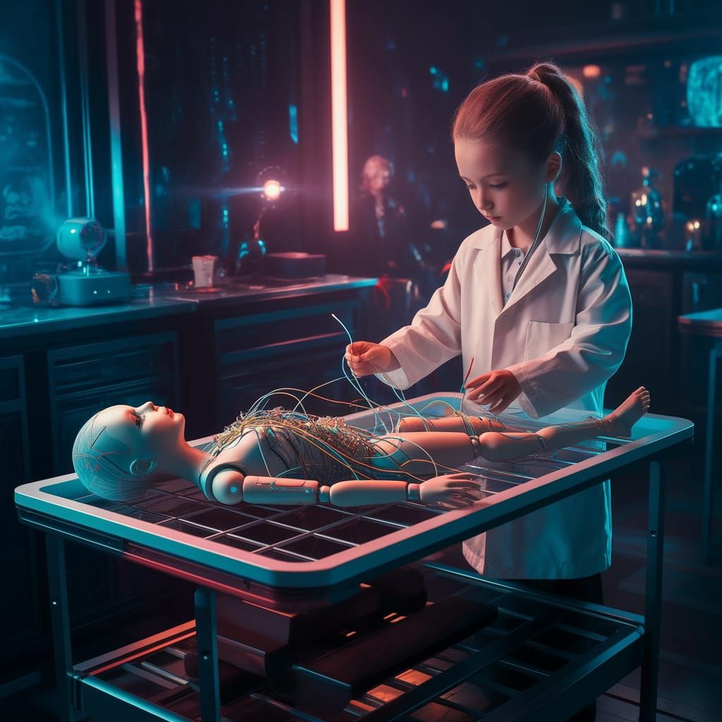 Girl in Lab Coat Brings Doll to Life in Futuristic... - AI Art