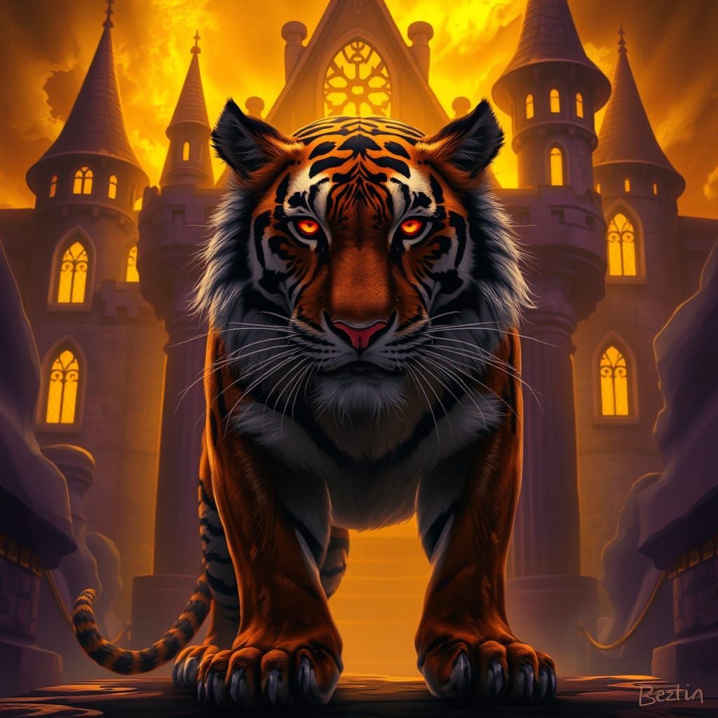 Tiger with Red eyes at a castle - Regal Tiger Guards Dark F...