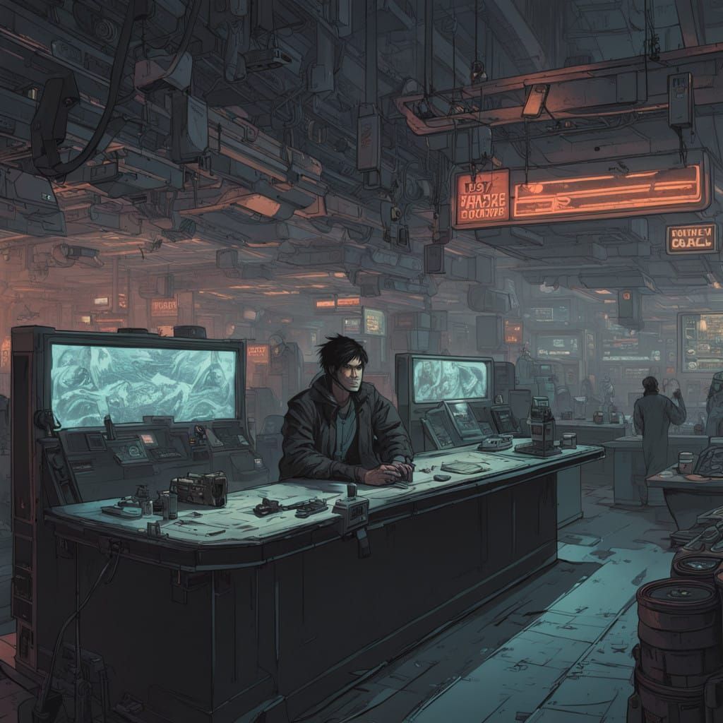 Cyberstore - Cyberpunk Salesperson in a Gritty Gun Shop Inte...