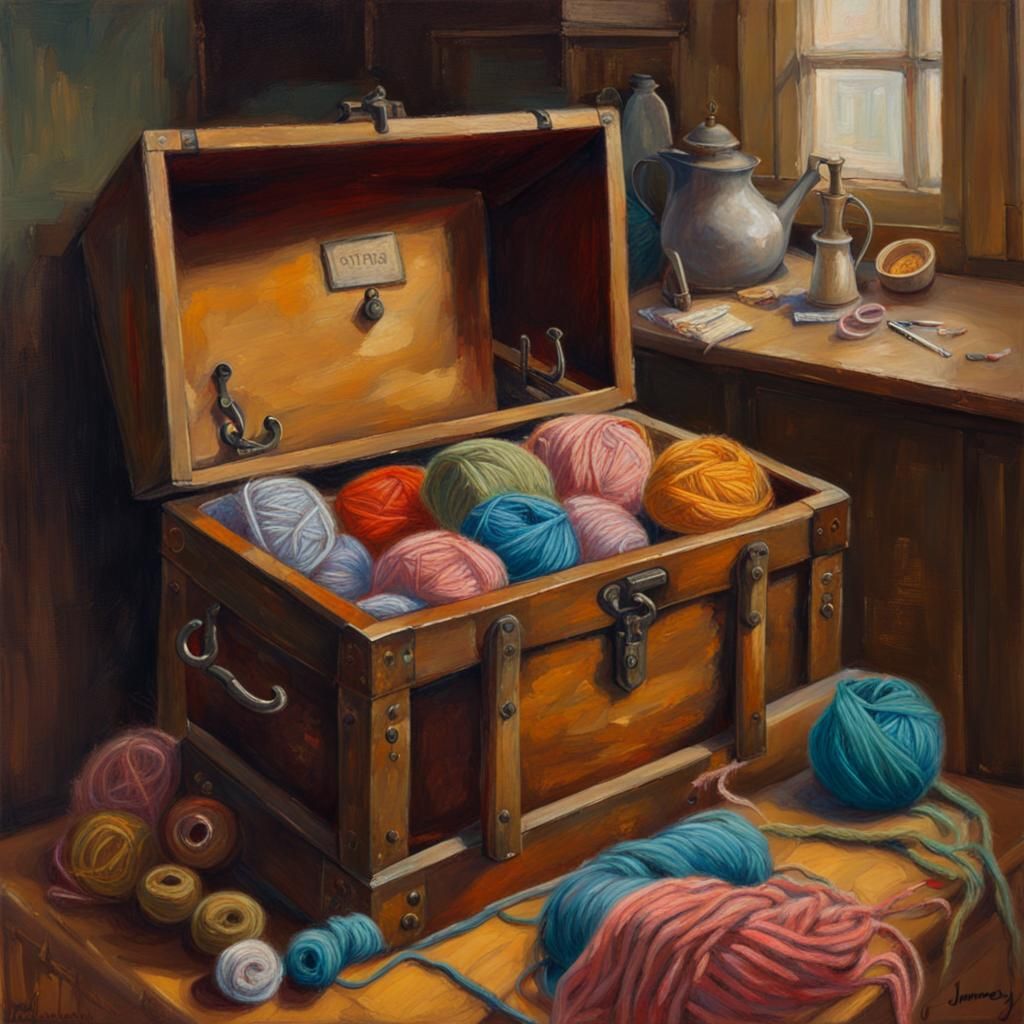 A treasure chest filled with yarn and items made from yarn in a quiet ...