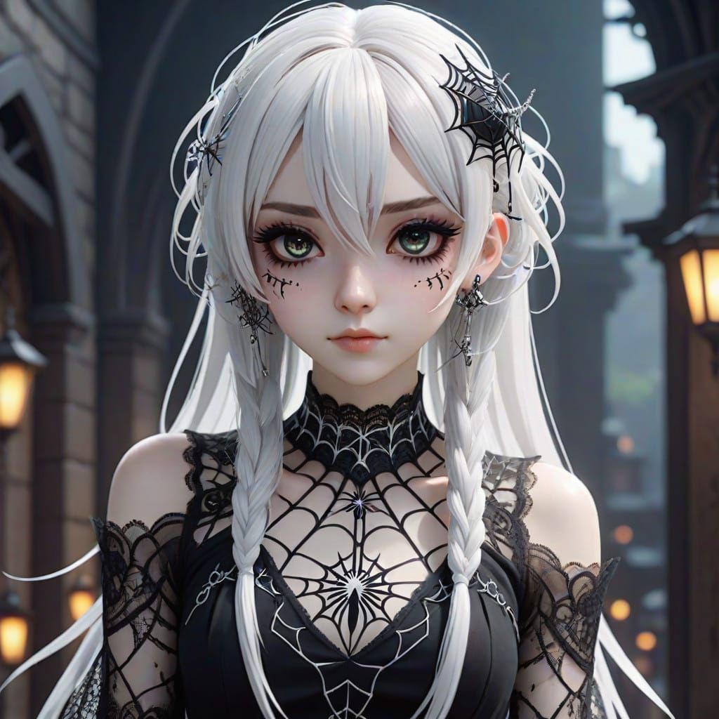 Goth Anime Girl with Spiderweb Hair and Creepy Chi... - AI Art