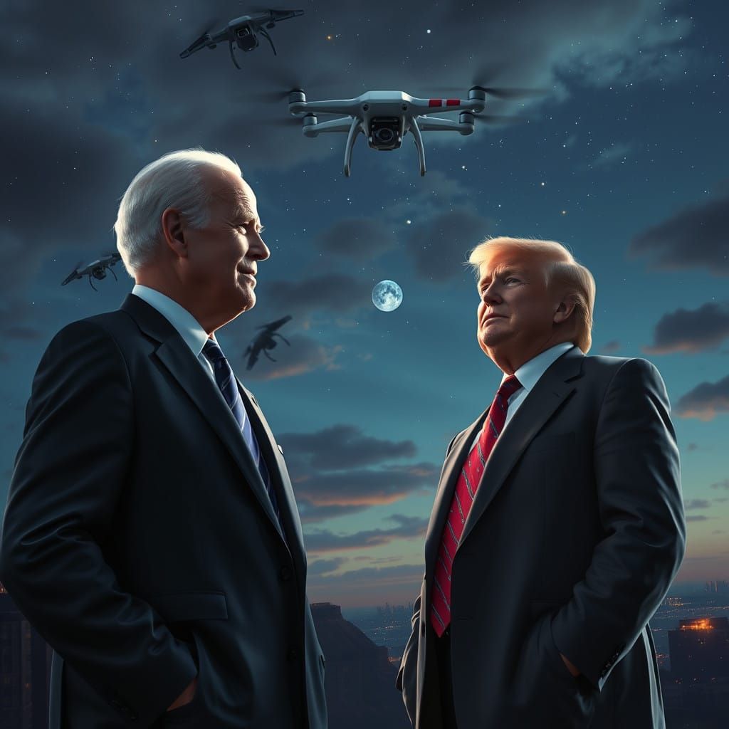 Joe Biden and Donald Trump observe the drones in the night sky over New ...